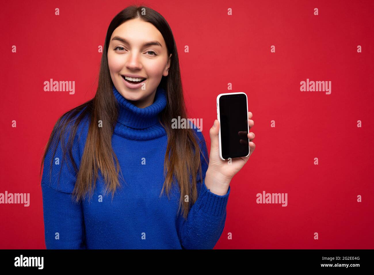 Delightful smiling beautiful happy young brunette woman wearing casual ...