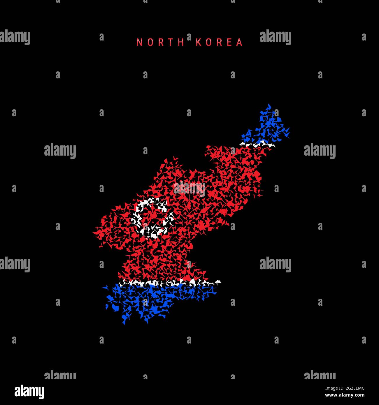 North Korea flag map, chaotic particles pattern in the colors of the ...