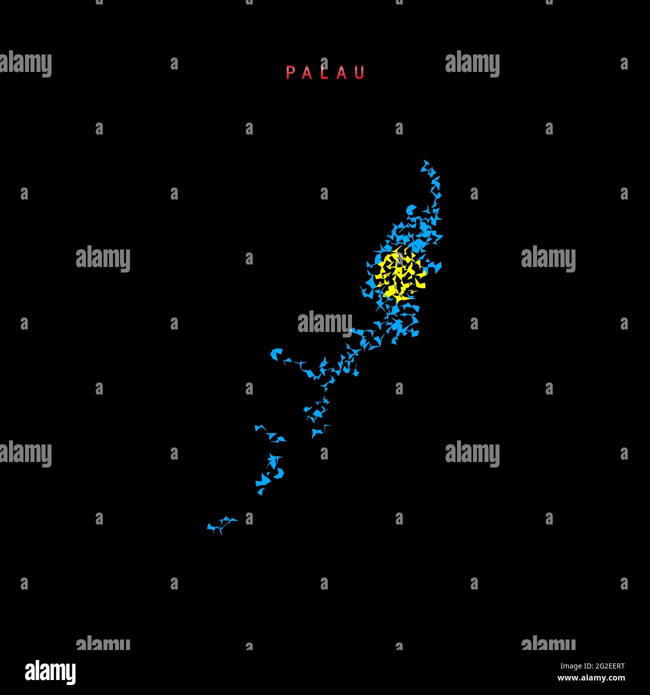Palau flag map, chaotic particles pattern in the colors of the Palau ...