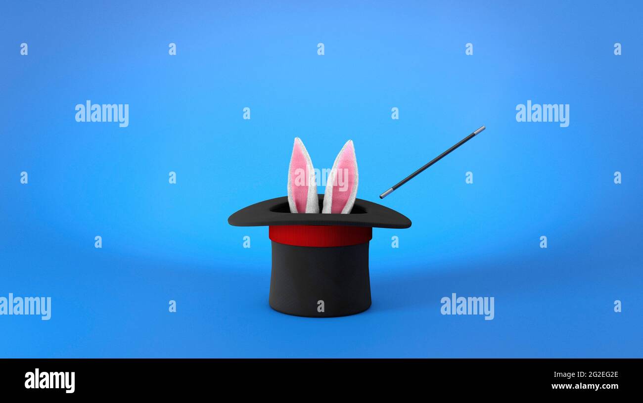 Magician hat. Rabbit ears stick out with a black top hat with a red ...
