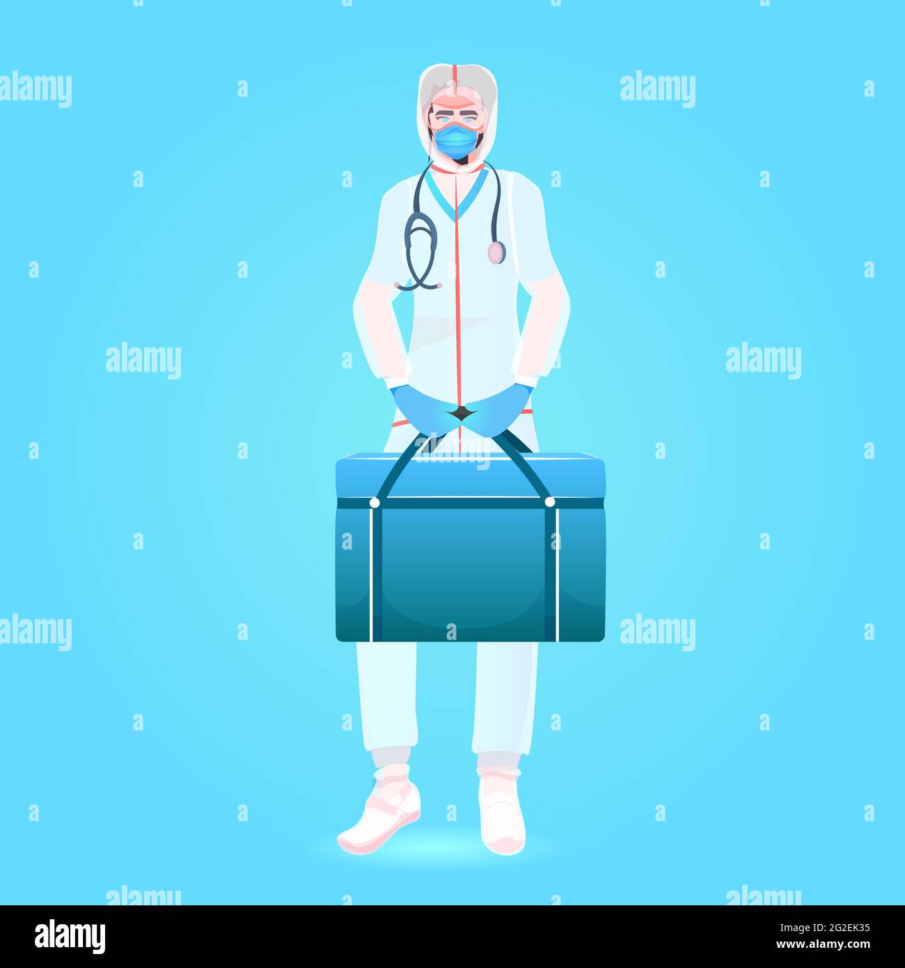 doctor in mask and safety uniform holding first aid kit fight against ...