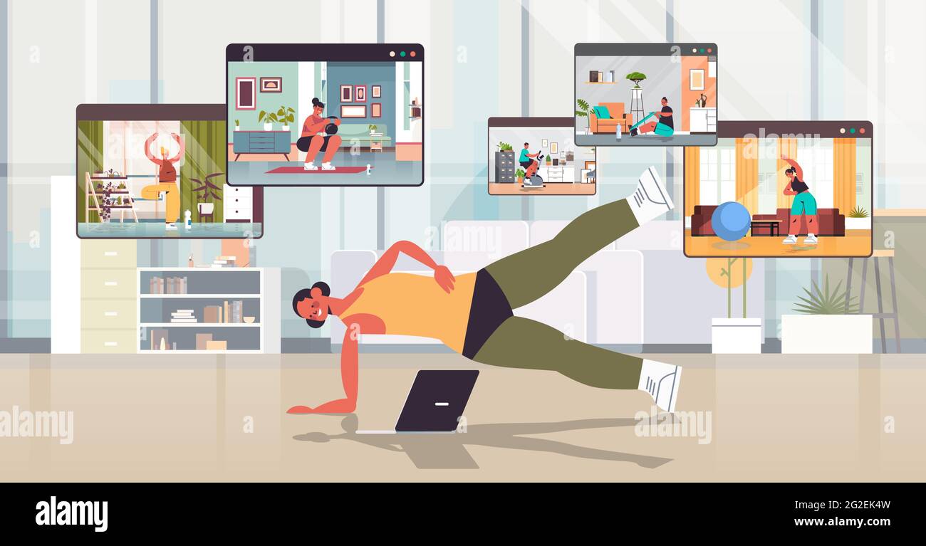 woman doing fitness exercises people in web browser windows working out ...