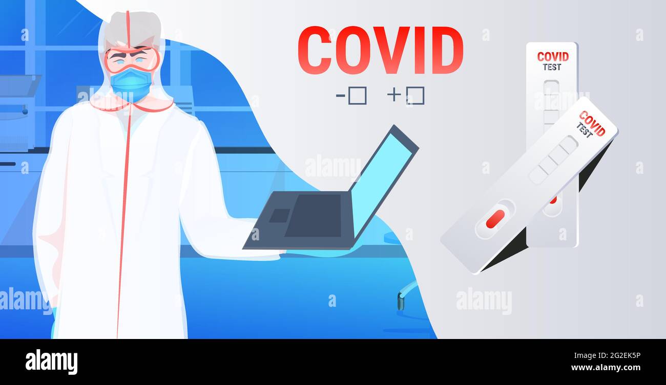 doctor in protective suit using laptop rapid coronavirus laboratory ...