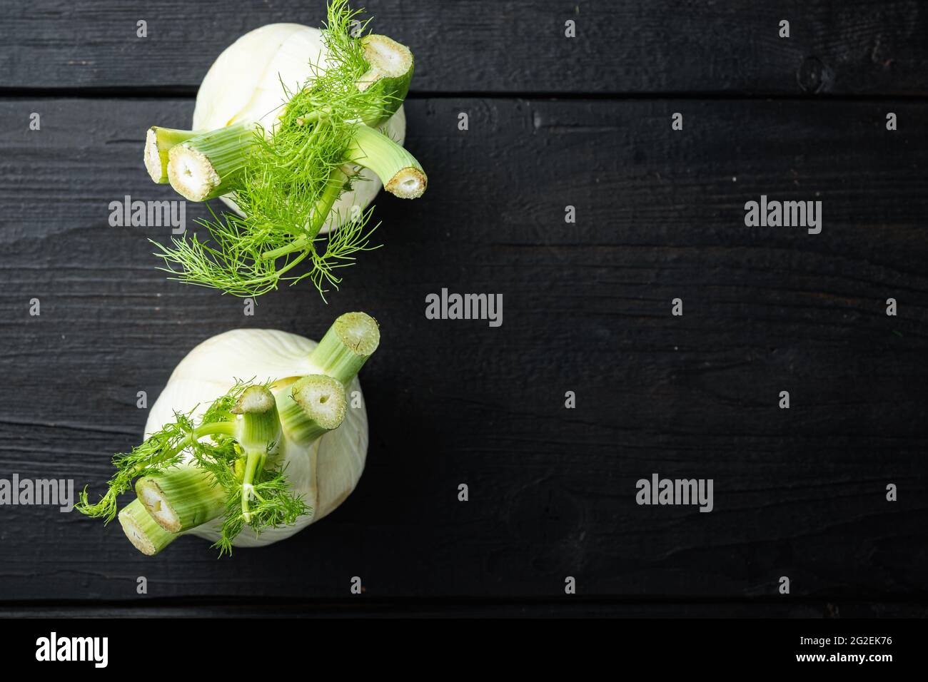 Genuine fresh raw fennel, on black wooden table, top view with space ...
