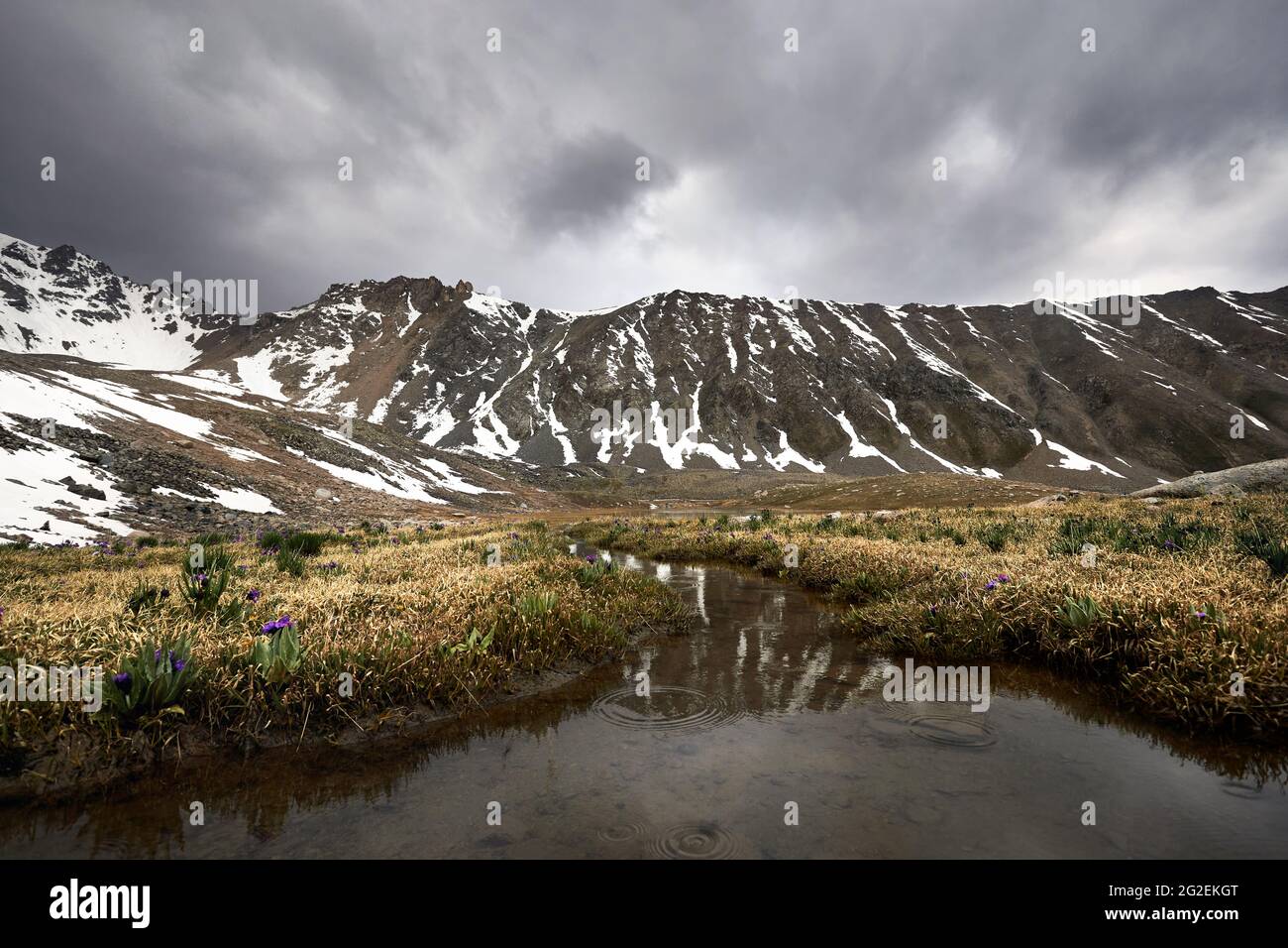 Beautiful scenery of the glacier mountain lake at cloudy overcast ...