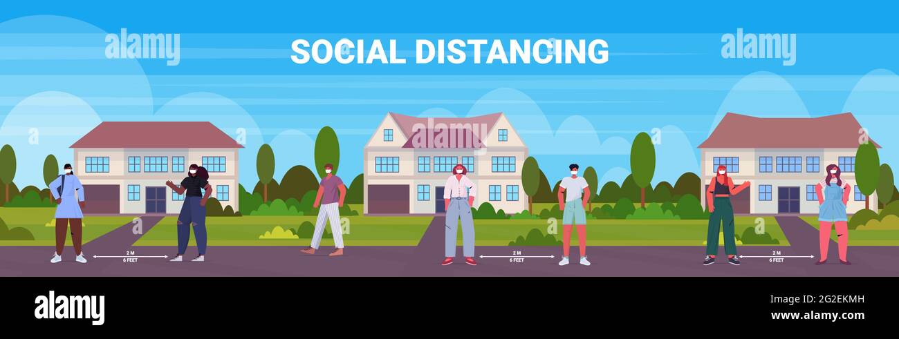 people in protective masks discussing during meeting keeping distance ...