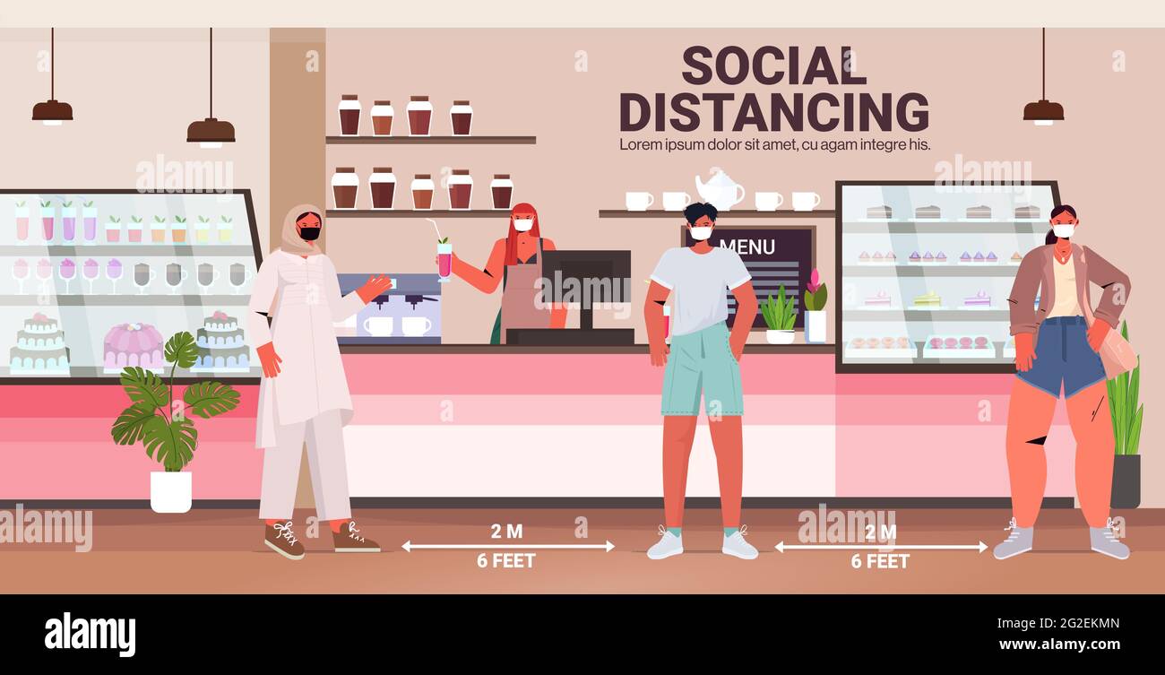 visitors in protective masks keeping distance to prevent coronavirus ...