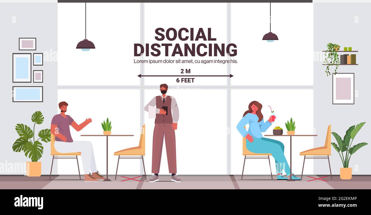 waiter in mask taking order from visitors keeping distance to prevent ...