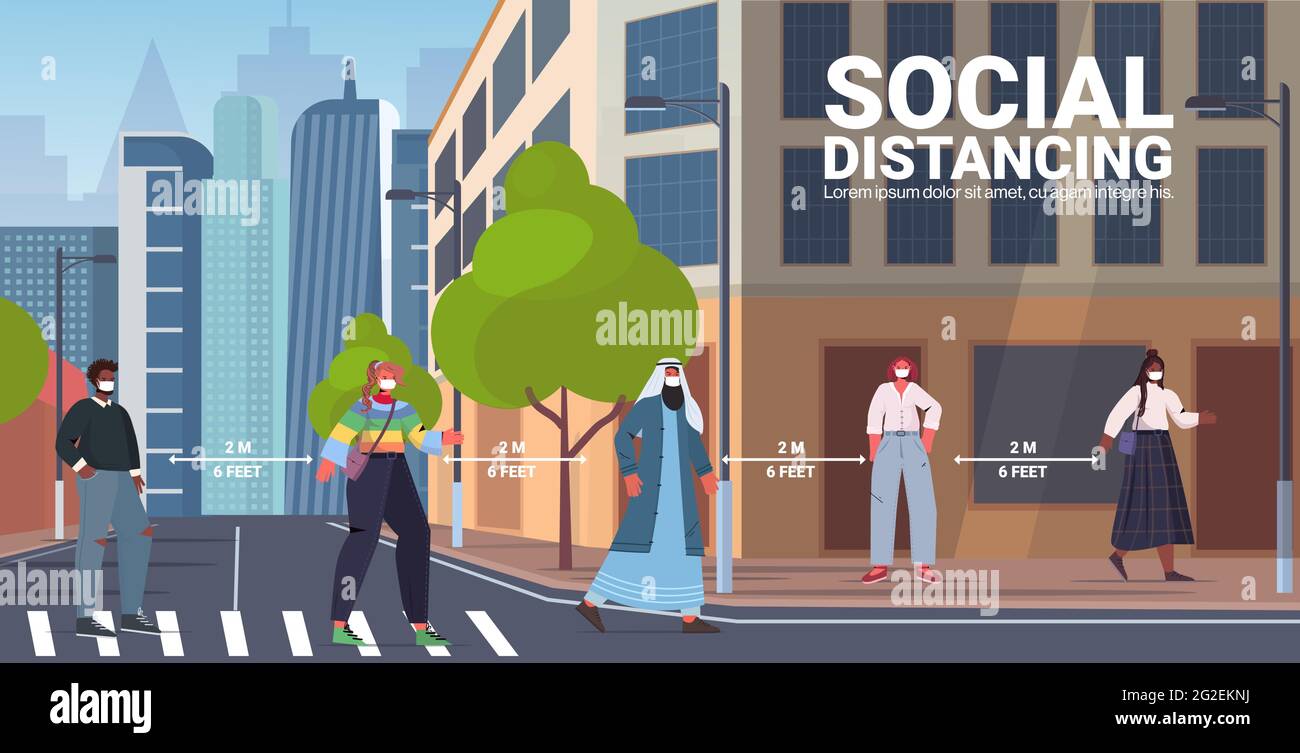 people in protective masks discussing during meeting keeping distance ...