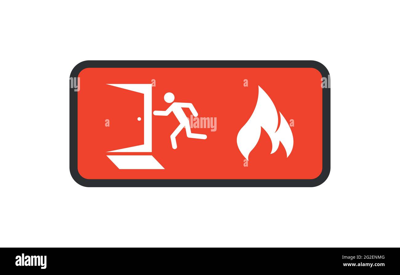 Sign with red fire exit sign on white background. Warning icon ...
