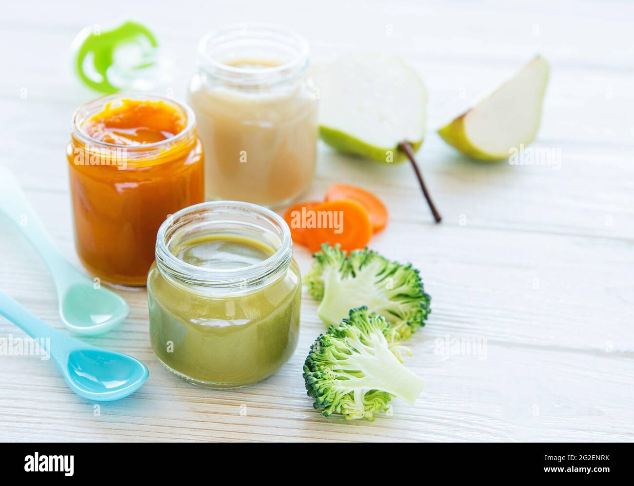 Baby food, assortment of fruit and vegetable puree, flat lay, top view ...