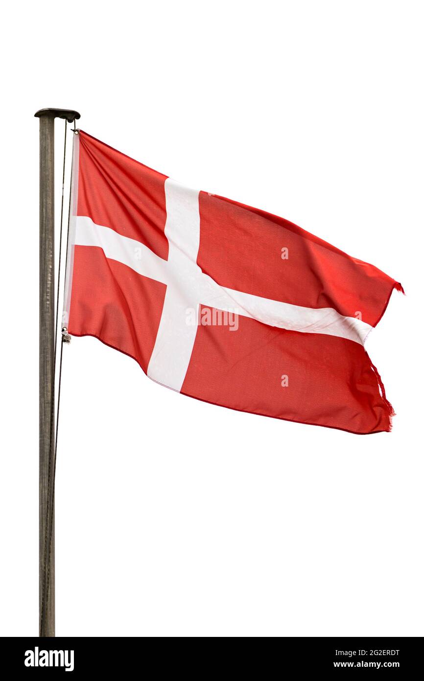 Flag of Denmark on flag pole isolated on white background Stock Photo ...