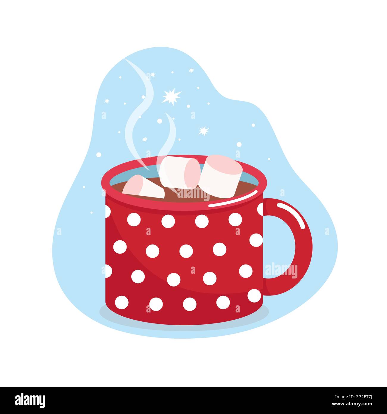 Mug with cocoa and marshmallows, blue mug in white polka dots, vector ...