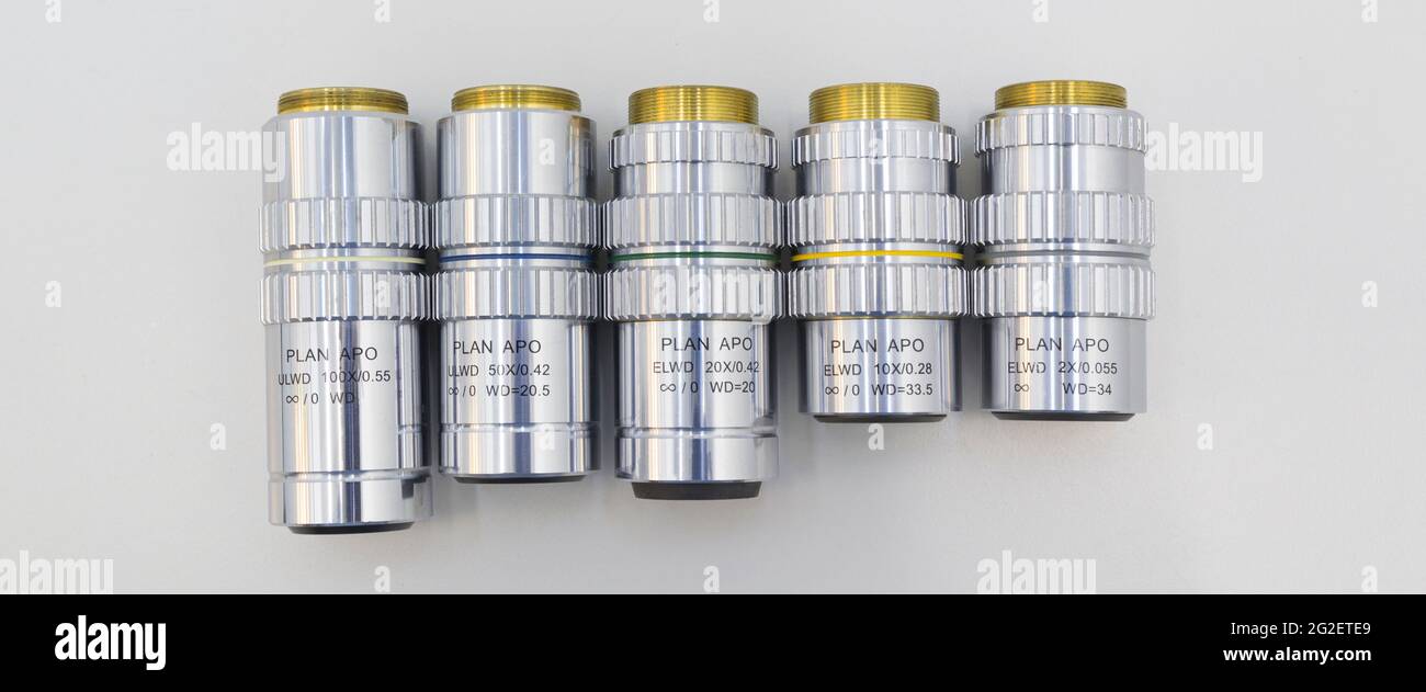 Detail of microscope lens on an white background Stock Photo - Alamy