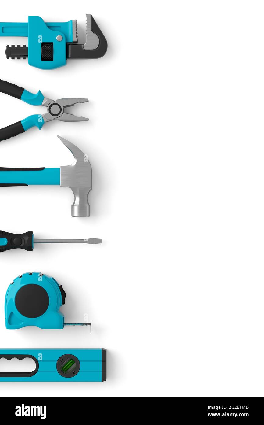 Top view of green construction tools for repair and installation on ...