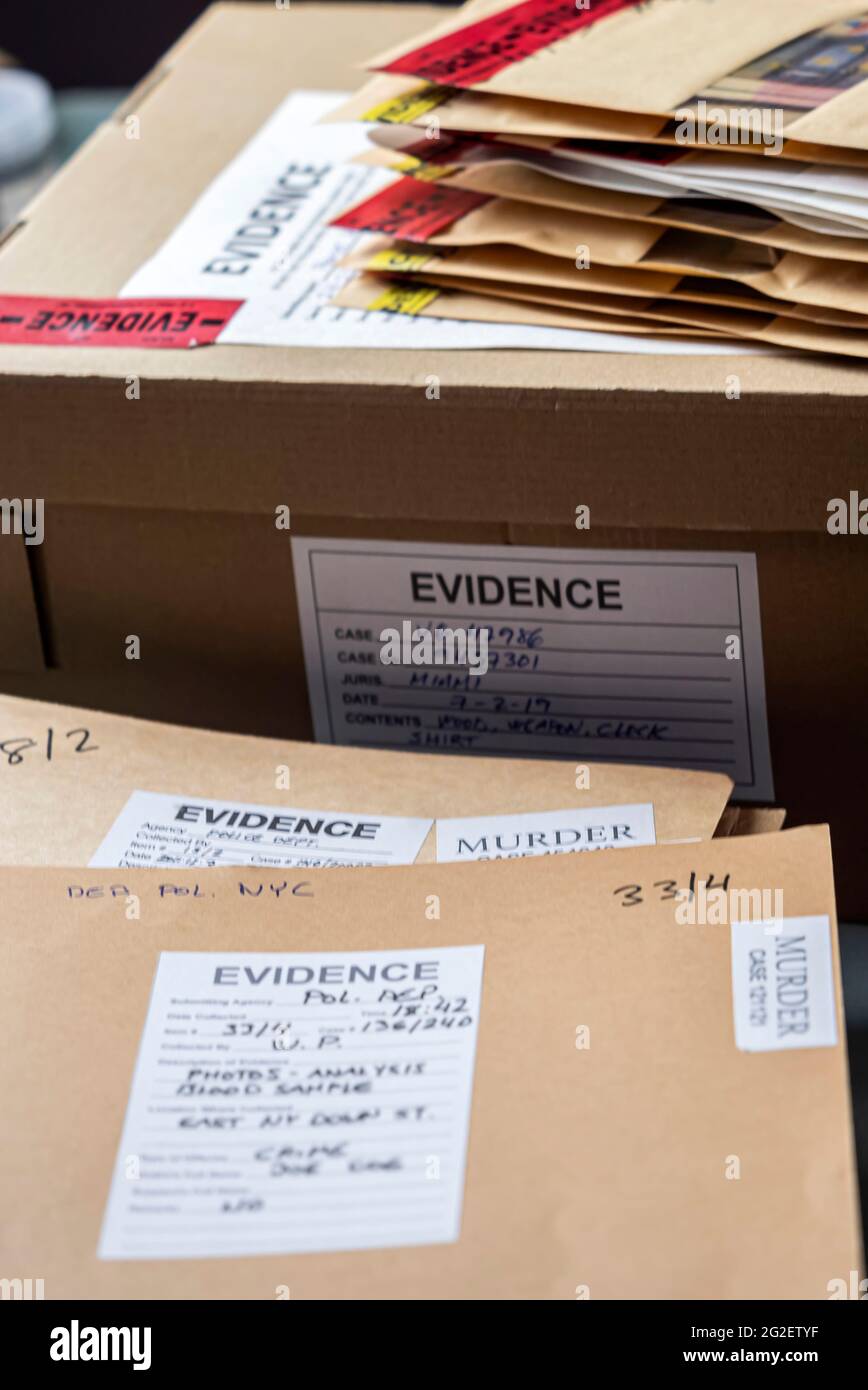 Files and evidence bag in a crime lab, conceptual image Stock Photo - Alamy