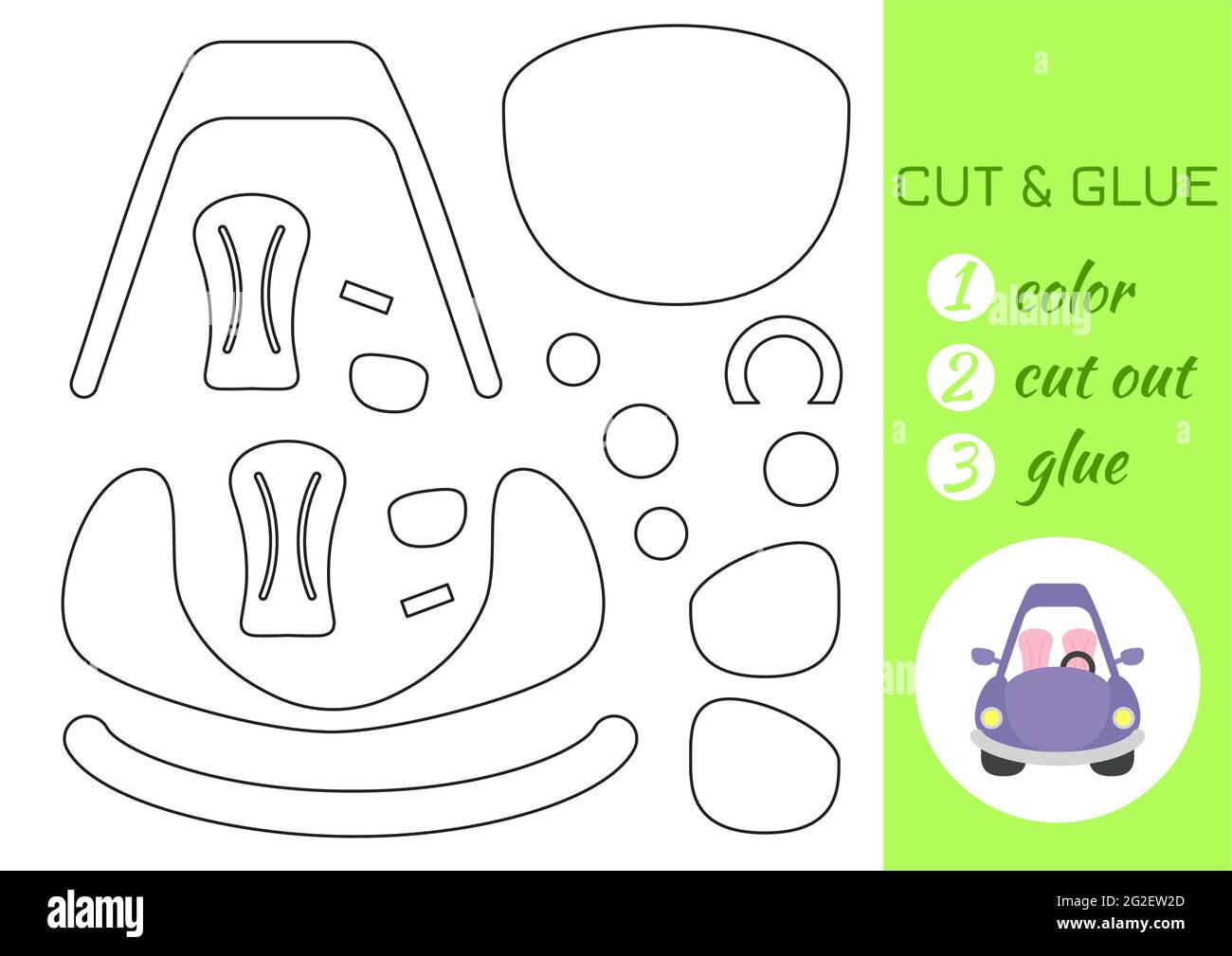 Color, cut and glue paper violet car. Cut and paste craft activity page ...