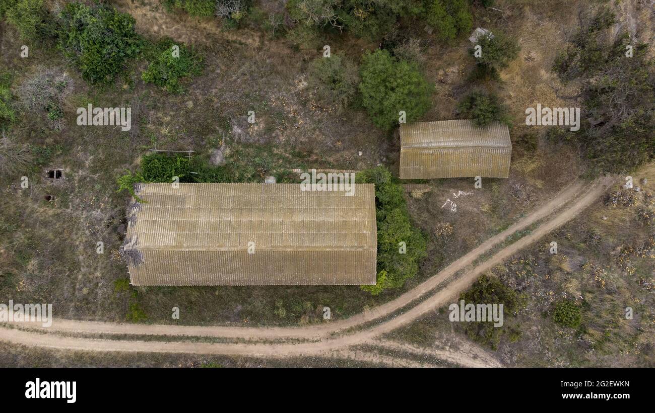 Aerial shot of old abandoned houses in the rural area El Turco, Chile ...