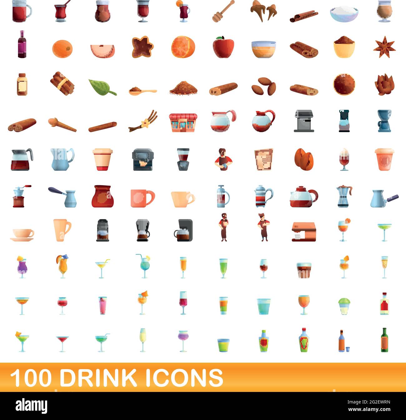 100 drink icons set. Cartoon illustration of 100 drink icons vector set ...