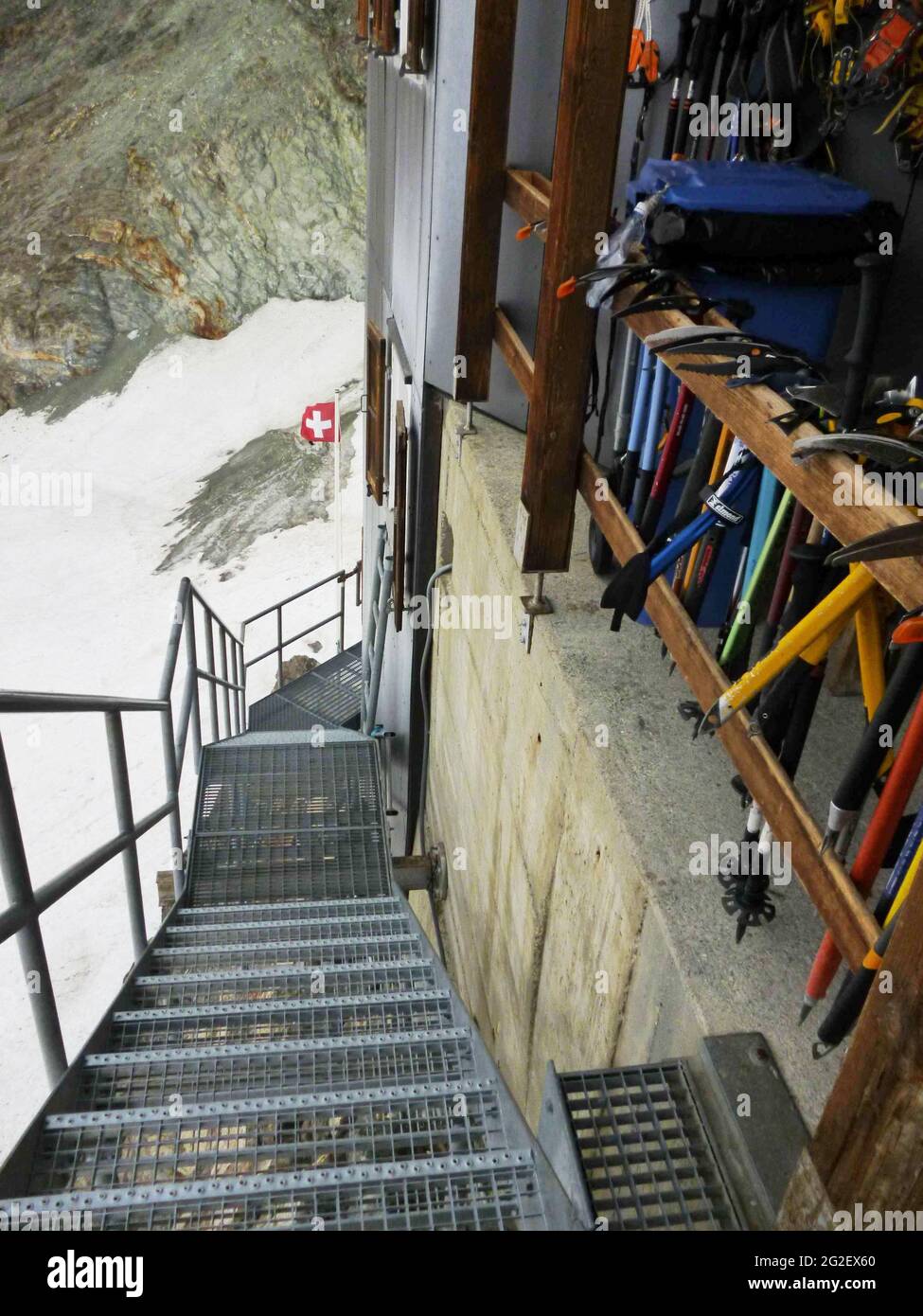 Vertical shot of stairs of Bertol Hut entrance Cabane de Bertol at ...