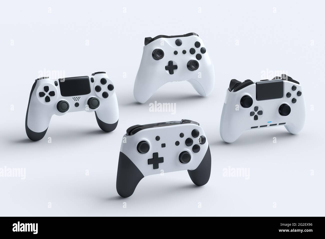 Set of standing gamer joysticks or gamepads on white background with ...