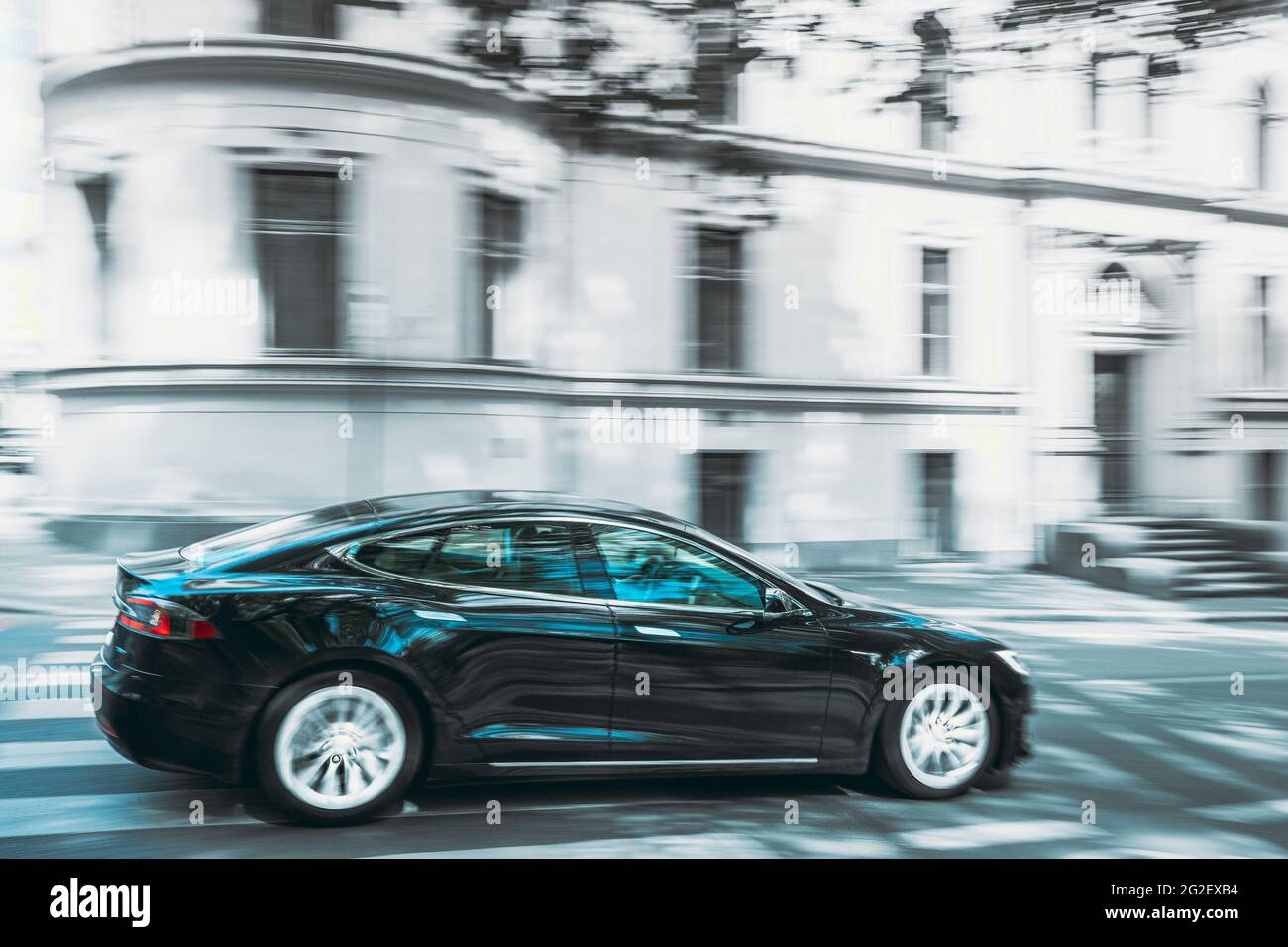 Black Color Tesla Model S 100d Car Fast Drive In Summer City Street ...