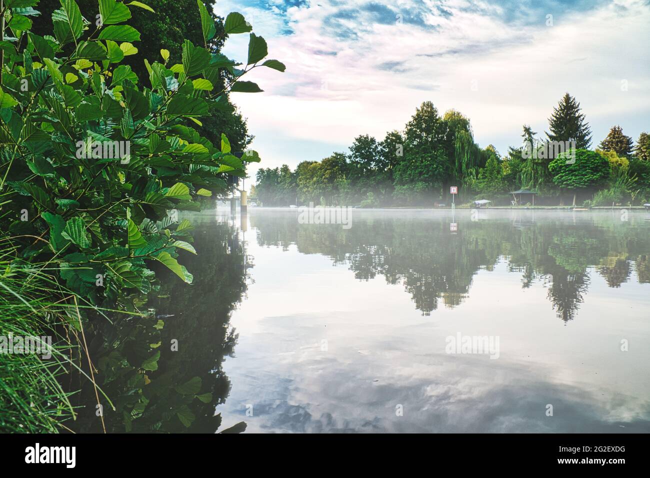 dramatic shot with fog from the Dahme, a river near Berlin in ...