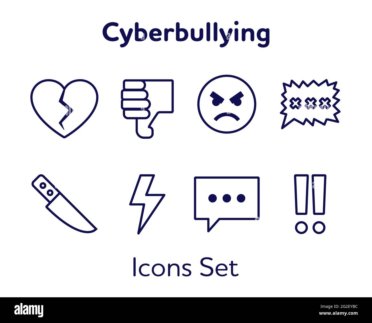 Set of outline icons - Cyber Bullying. Vector symbols of hate and ...