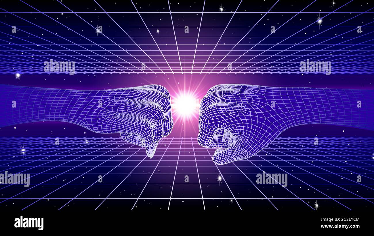 Fist bump concept with cyberpunk human and machine hands in 80s neon ...