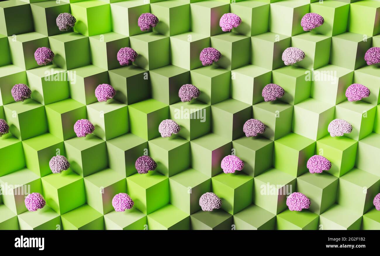 pattern of cubes with isometric view and brains on them. pastel ...