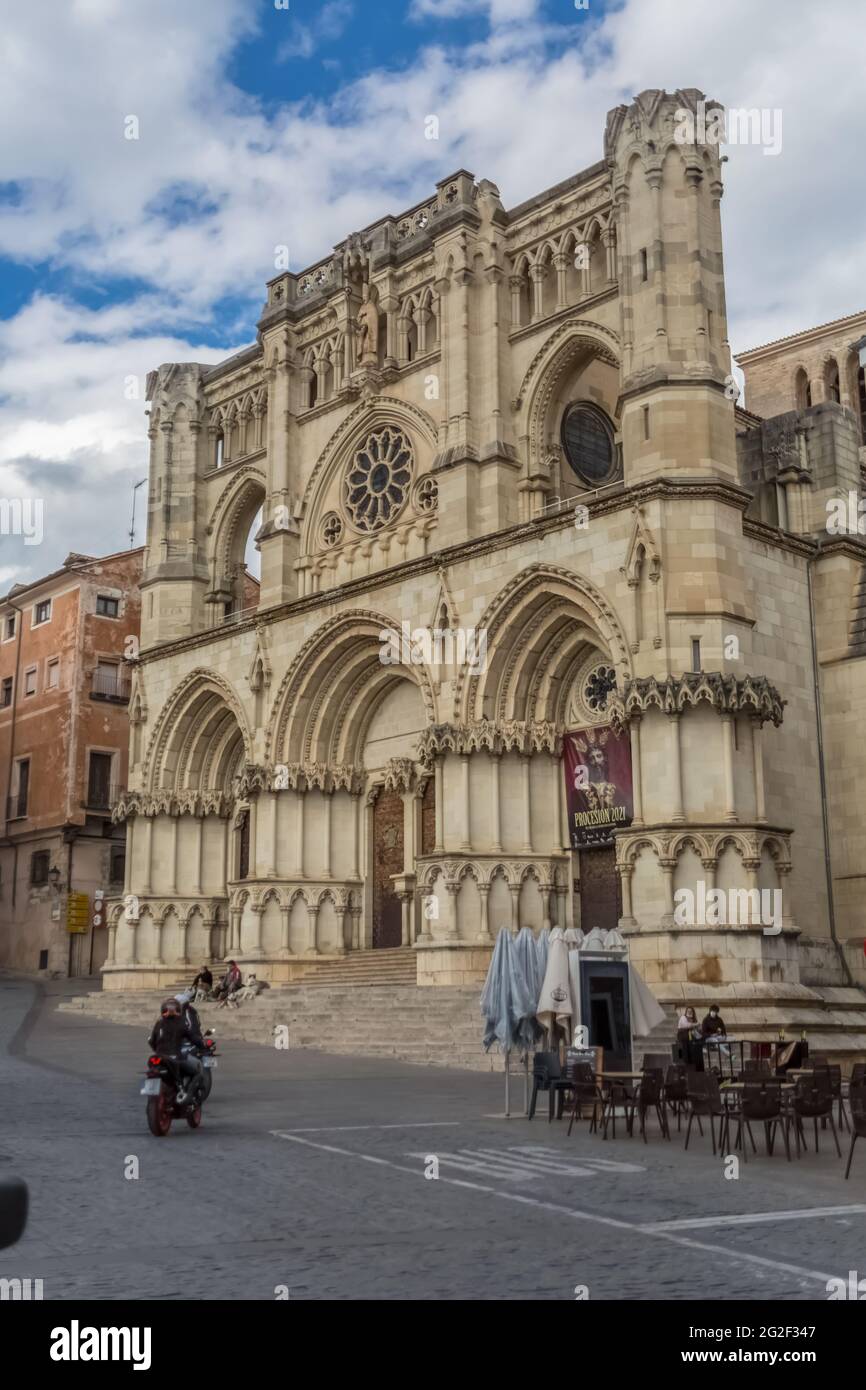 Cuenca / Spain - 05 13 2021: Majestic detailed view at the gothic front ...