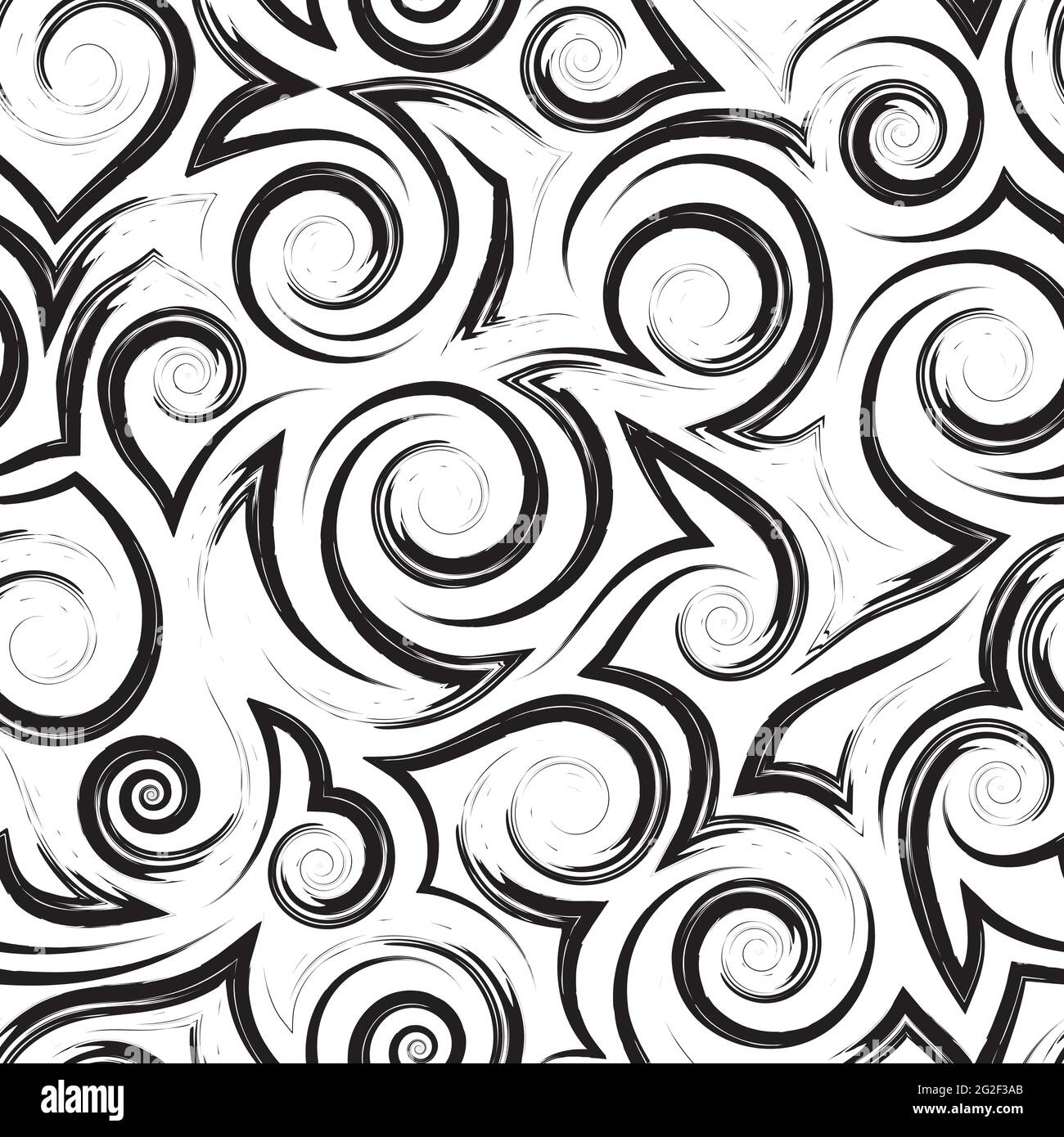 Vector Monochrome Geometric Seamless Pattern Of Flowing Spirals Curls And Cornersvector Black