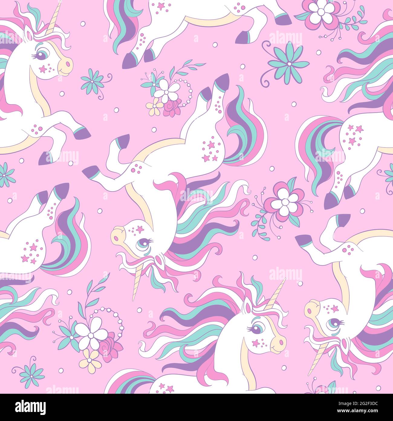 Seamless pattern with dreaming unicorns and flowers on pink background ...