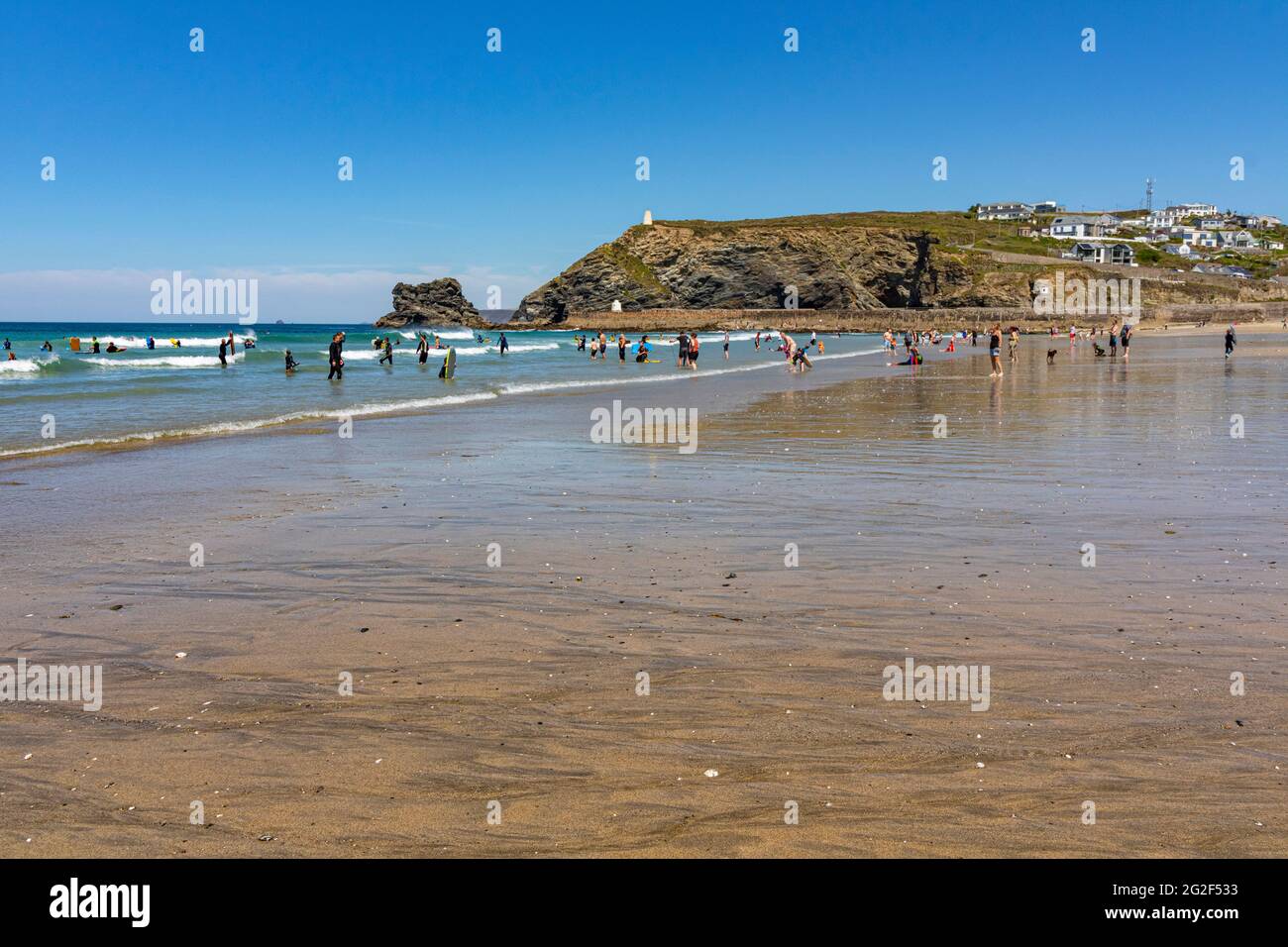Wide Angle, Low Tide View of Portreath Beach, Harbour Wall, Look Out ...