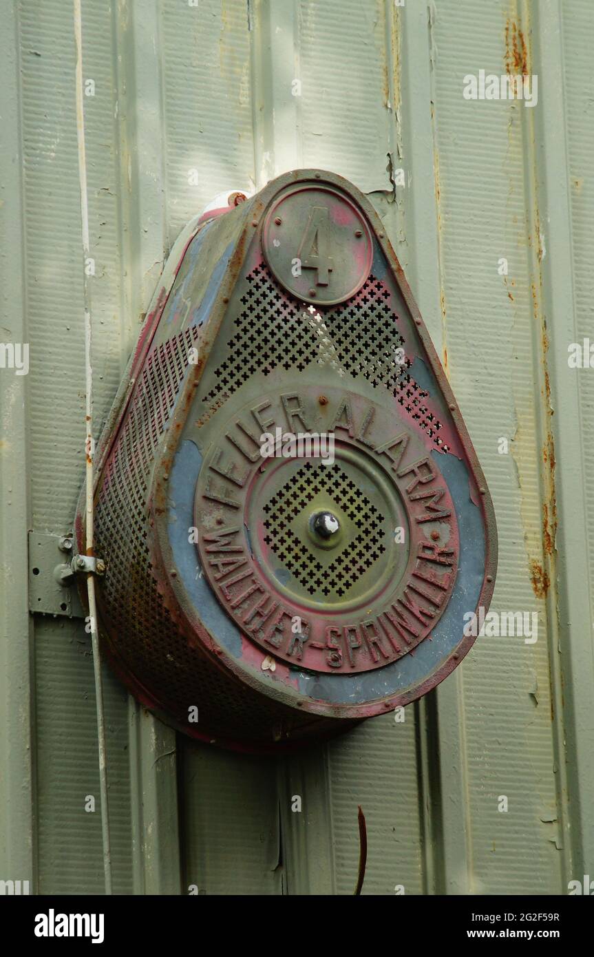 FRANKFUR, GERMANY - May 23, 2021: Alarm bell of an old fire protection ...