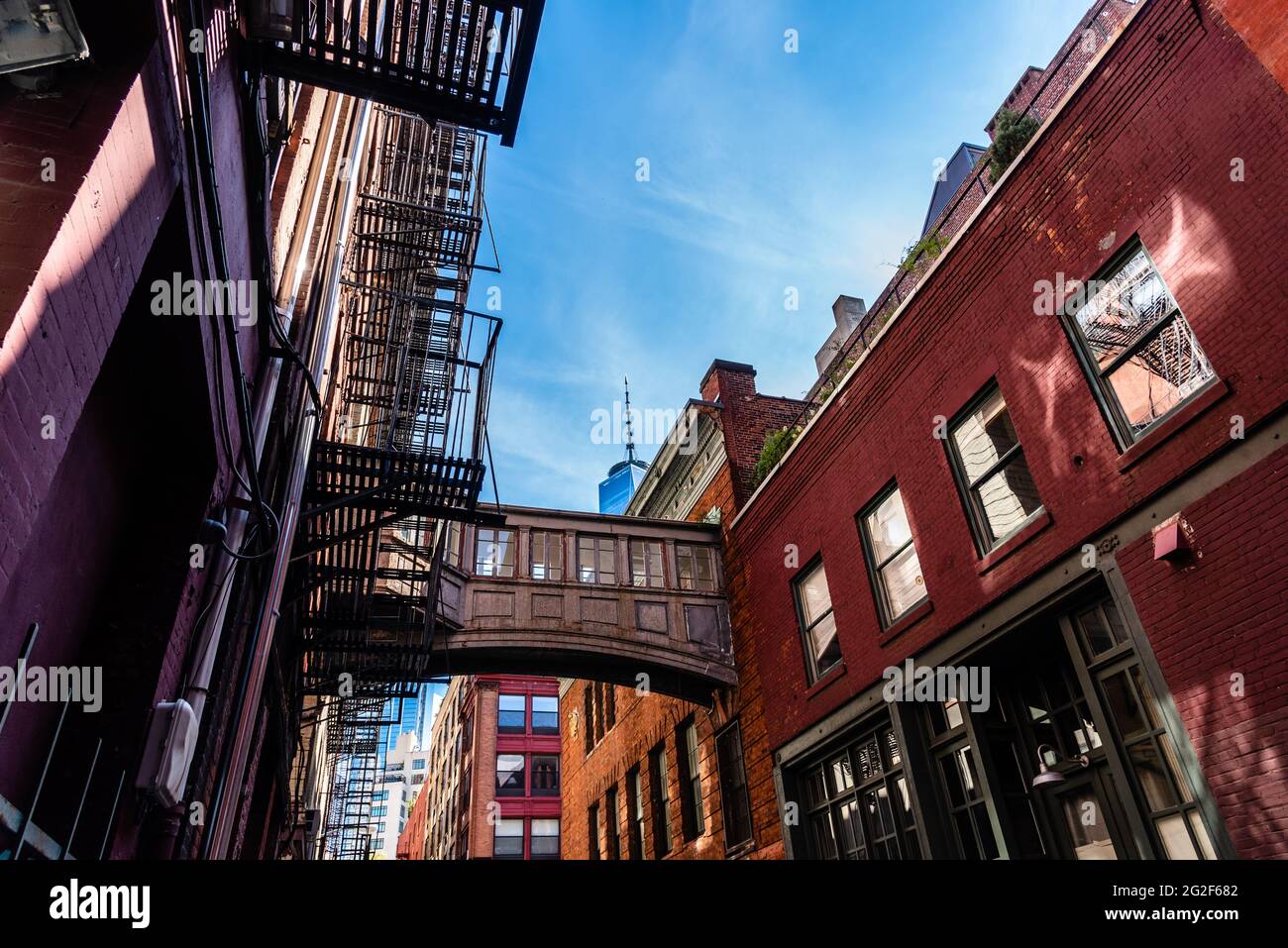 Low angle view of bridge on Staple Street in Tribeca in New York ...