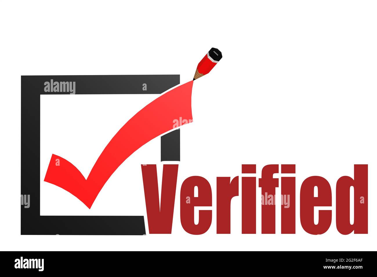 Verified word with check mark and pencil, 3D rendering Stock Photo - Alamy