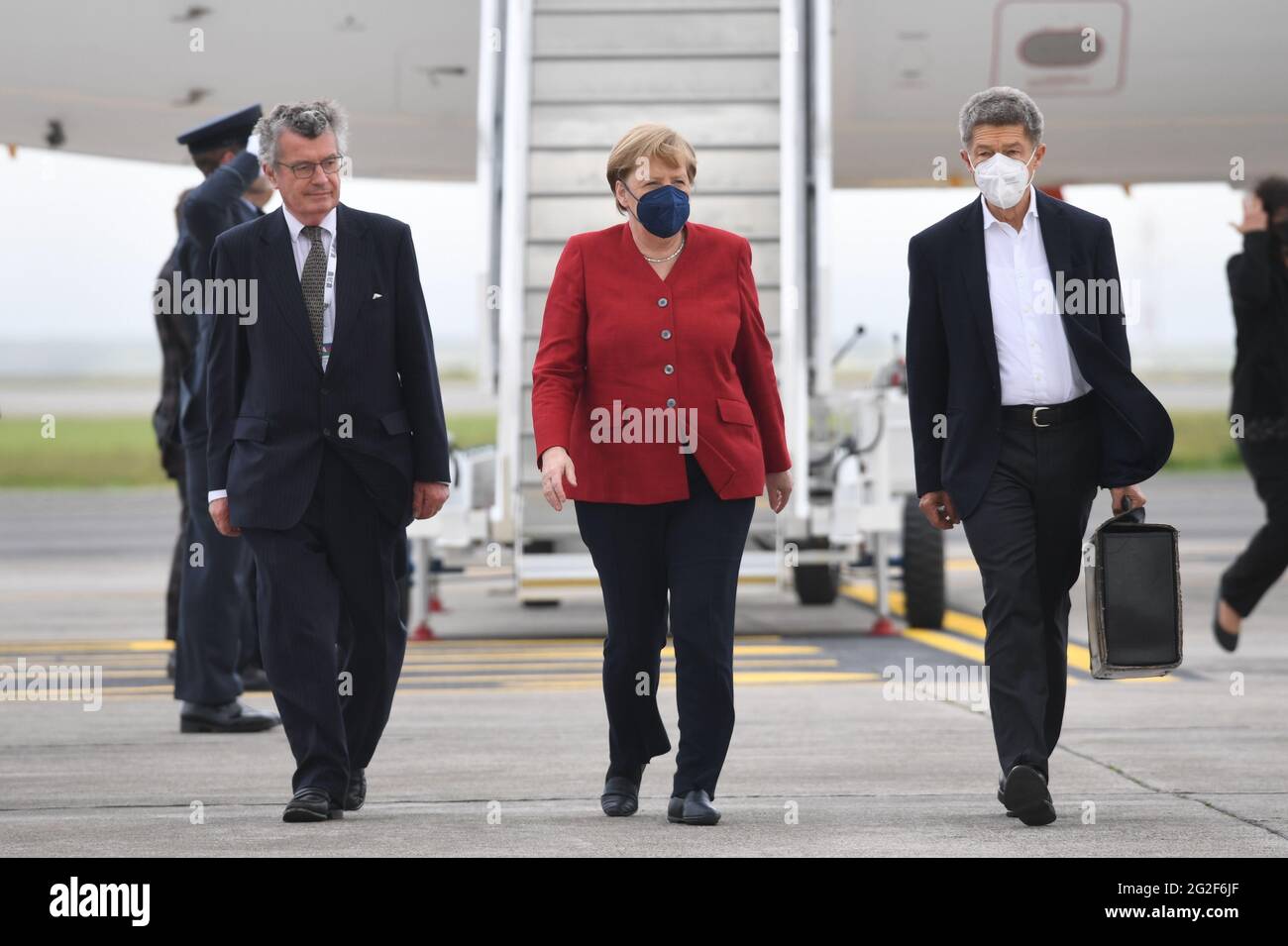 Chancellor of Germany Angela Merkel arrives at Cornwall Airport Newquay ...