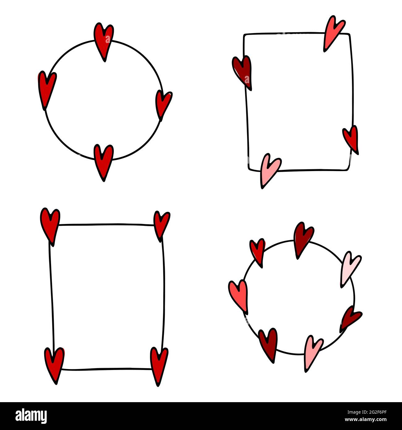 Set of doodle Valentines Day frames. Hand-drawn outline template with ...