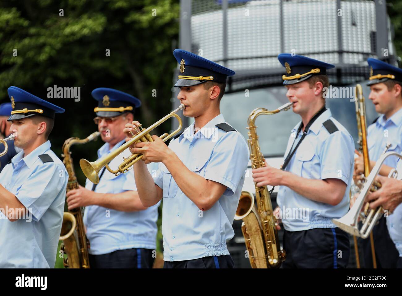 ODESA, UKRAINE - JUNE 10, 2021 - A brass band performs during the joint ...