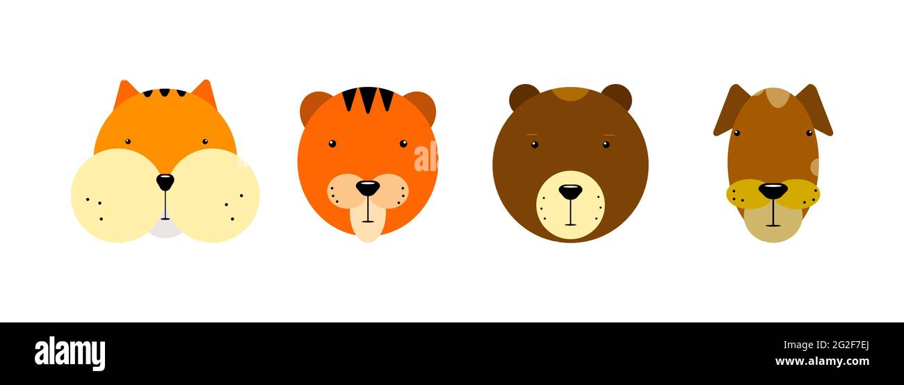 Kawaii animals faces set. Cute hamster, tiger, bear, dog isolated on ...