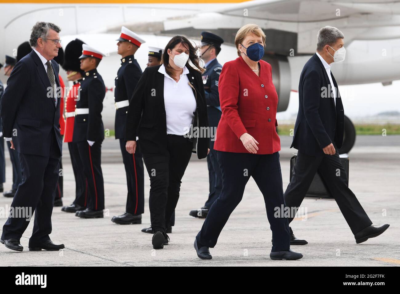 Chancellor of Germany Angela Merkel arrives at Cornwall Airport Newquay ...