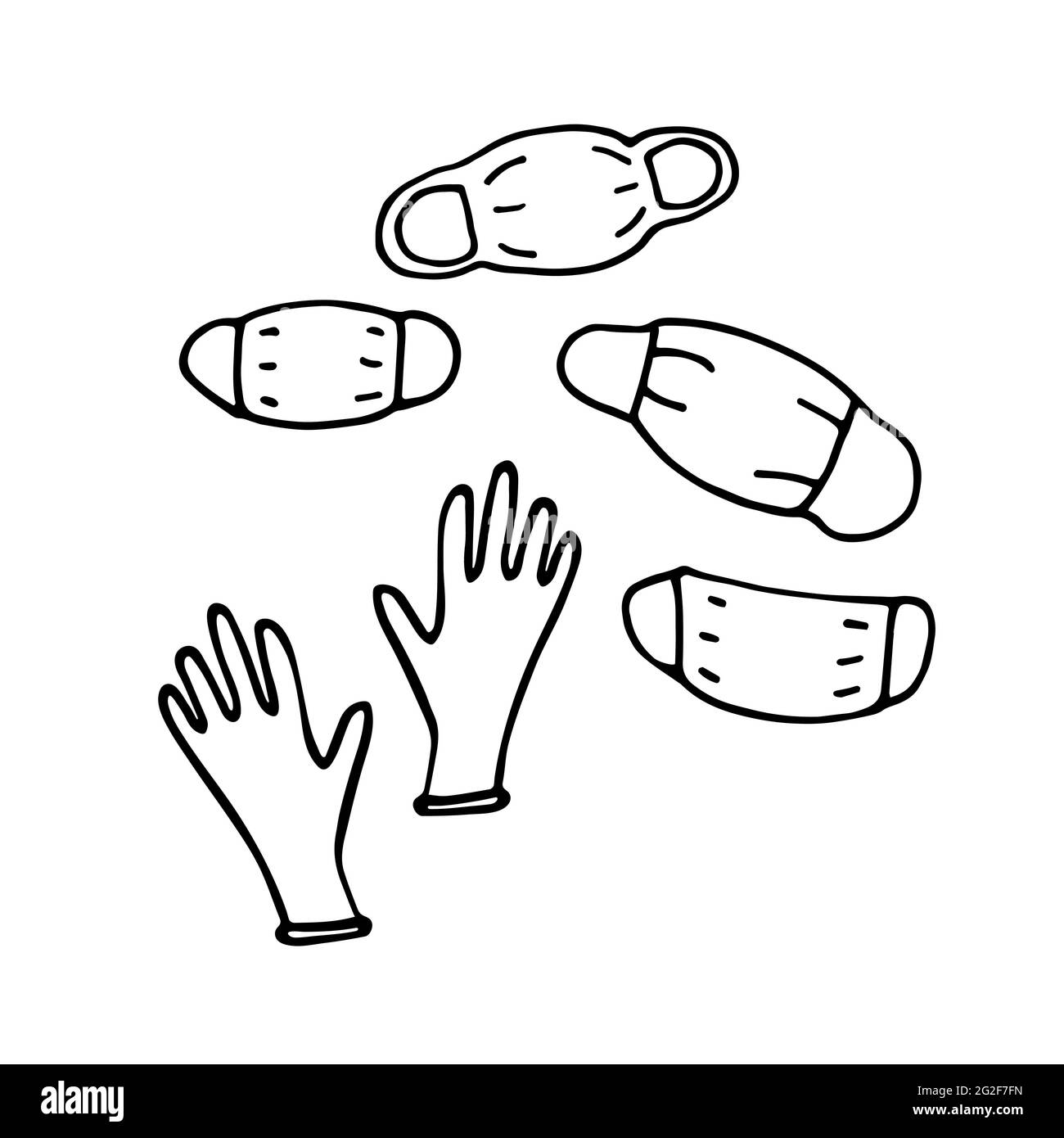 Medical protective doodle set. Hand drawn masks, gloves. Means of Hand and face protection ...