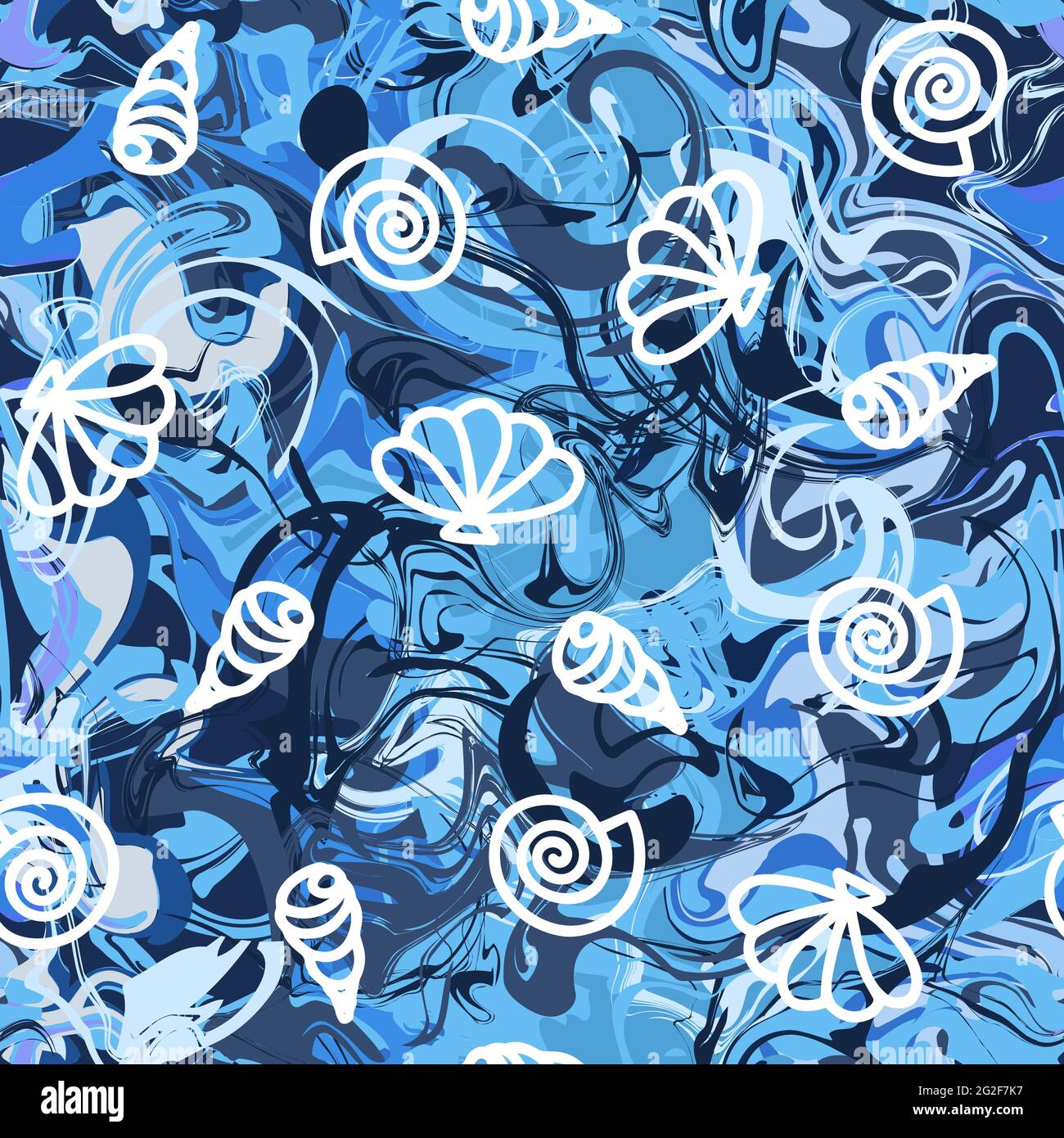 Seamless marble texture pattern with shells. Blue strokes of paint ...