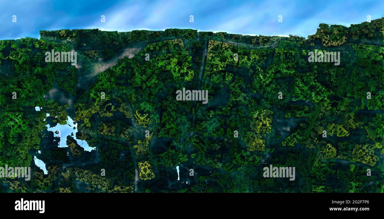 fractal rock of greenery on the background of the sky with clouds Stock ...