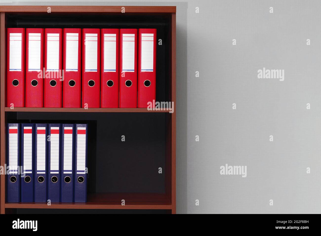 red and blue office ring binder folders on shelves with copy space ...