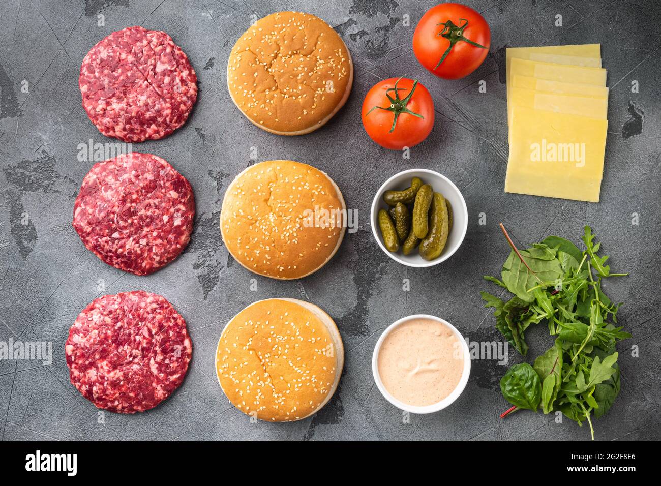 Beef burger ingredients set, on gray stone background, top view flat ...