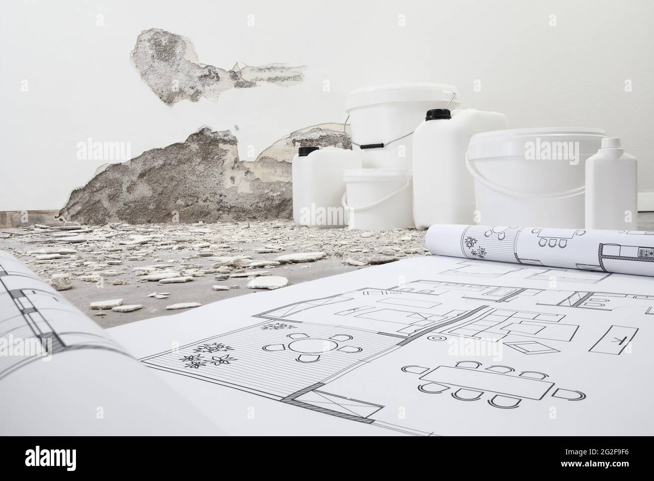 house renovation and plan concept. Blue print project draw. Buckets and ...