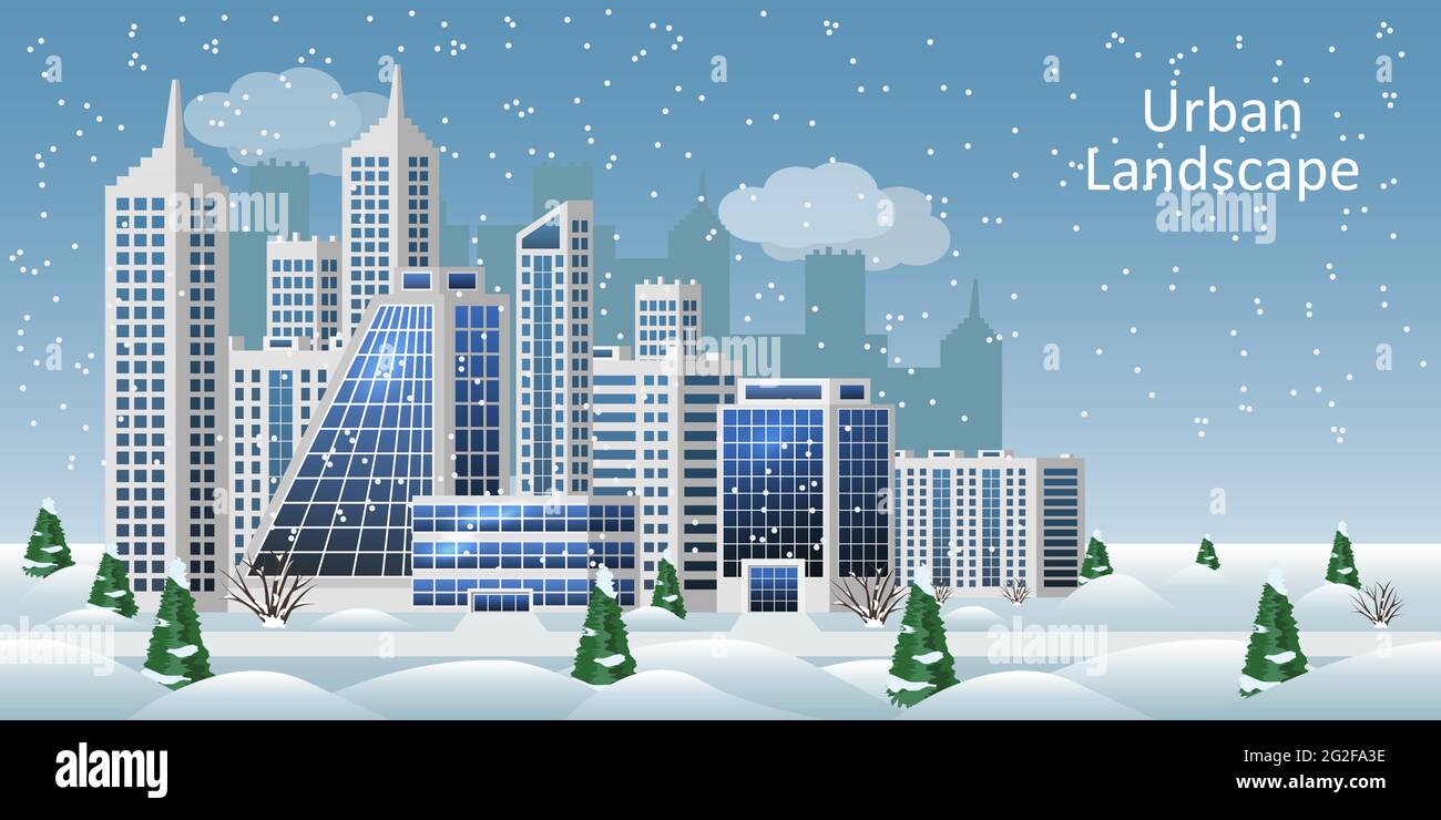Winter urban landscape. Business city center, office buildings, big ...