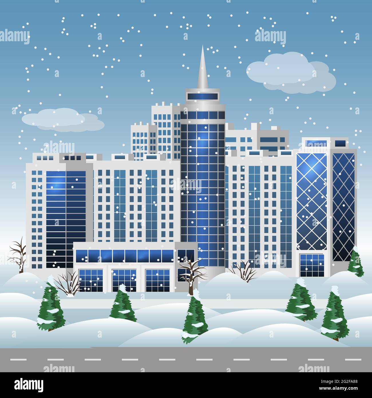 Winter urban landscape. Business city center, office buildings, big ...
